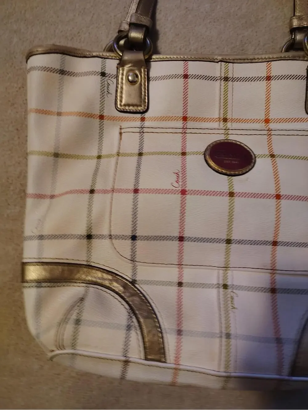 Coach | Bags | Coach White Multi Tattersall Plaid Heritage Bucket Tote ...